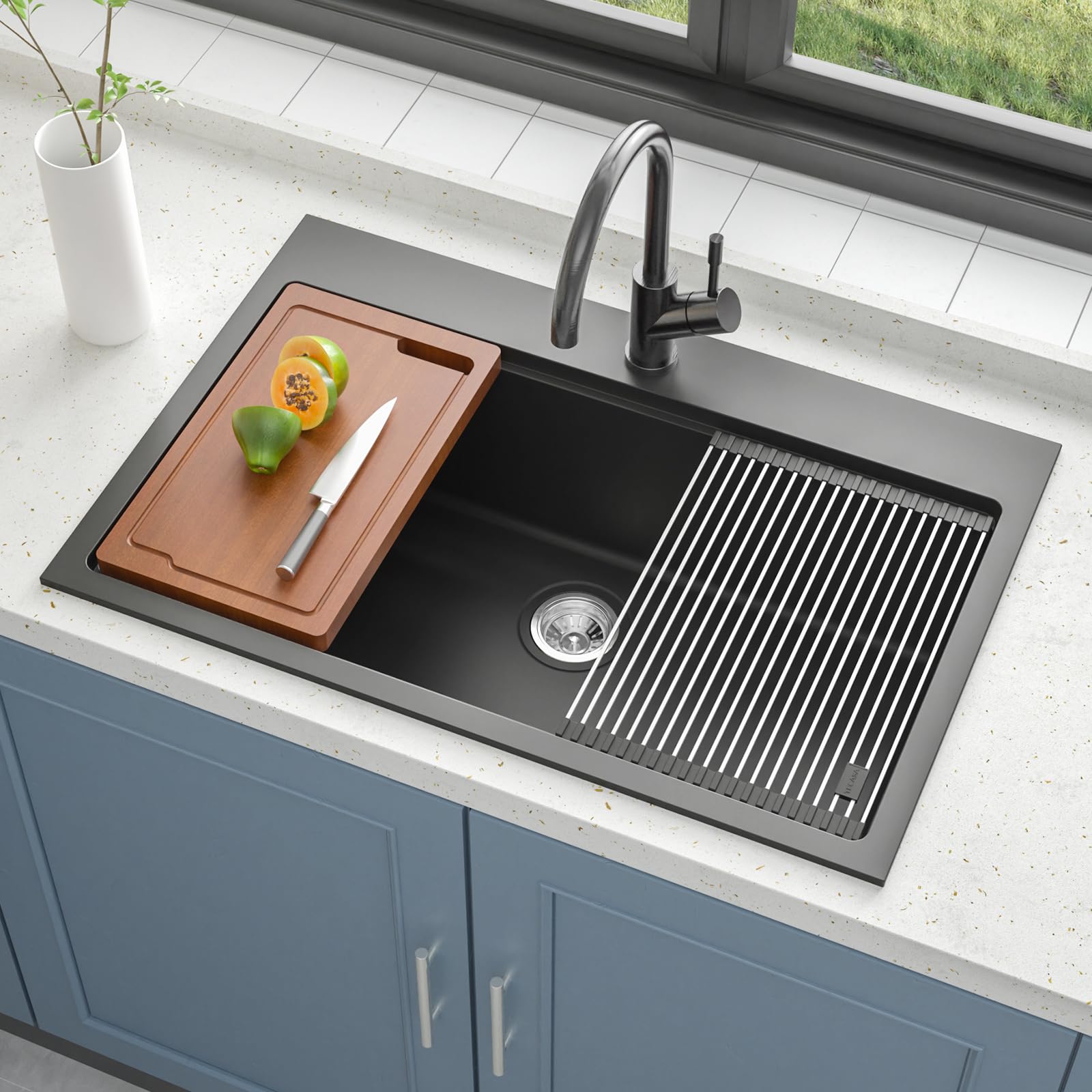 Workstation Kitchen Sink, 33 inch Granite Composite Single Bowl Topmou